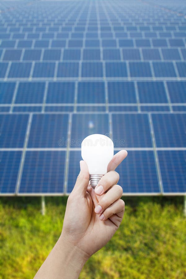 Solar Energy Panels and Light Bulb in Hand, Energy Stock Image - Image ...