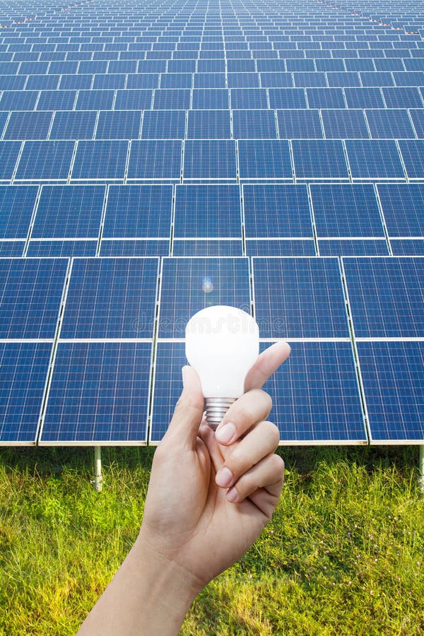 Solar Energy Panels and Light Bulb in Hand, Energy Stock Image - Image ...