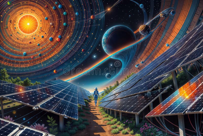 Solar Energy Panels and Man in Front of the Planet. 3d Rendering ...