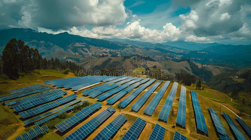 Solar Energy Panels in the Mountains, Aerial Panoramic View, Generative ...