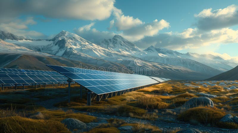 Solar Energy Panels in the Mountains at Sunset. 3d Render Stock ...