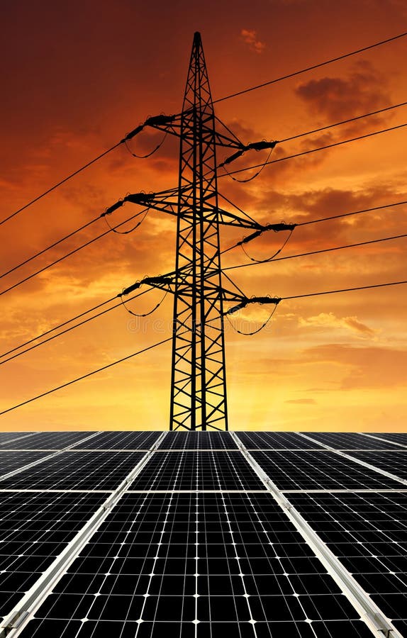 Solar Energy Panels with Power Line Stock Image - Image of nature ...