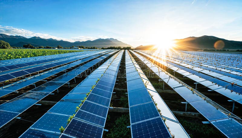 Solar Energy Panels in Solar Power Plant with Sunbeam and Mountain ...
