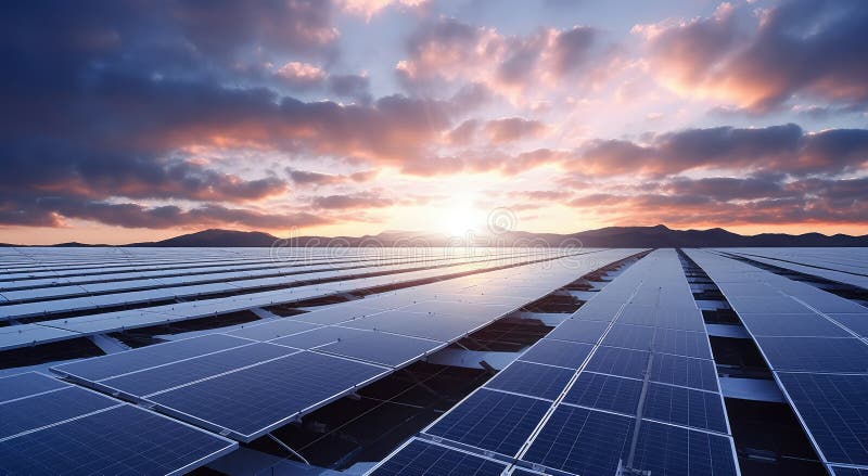 Solar Energy Panels in Solar Power Station with Beautiful Sky at Sunset ...