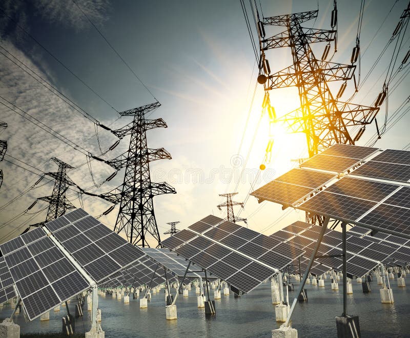Solar Energy Panels and Power Transmission Tower Stock Photo - Image of ...