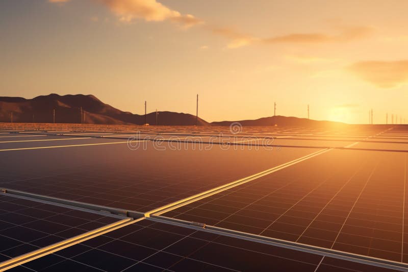 Solar Energy Panels at Sunset, Alternative Electricity Source - 3d ...