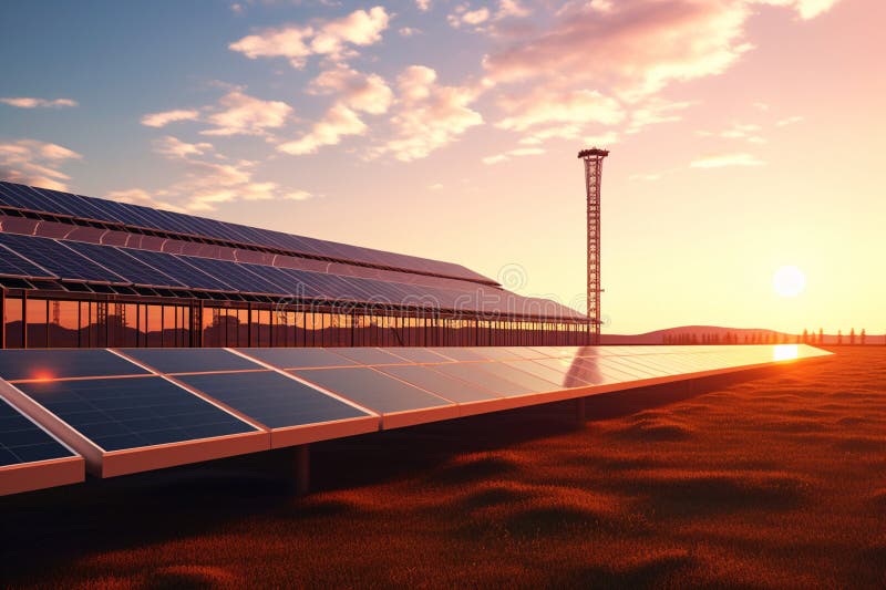 Solar Energy Panels at Sunset, Alternative Electricity Source - 3d ...