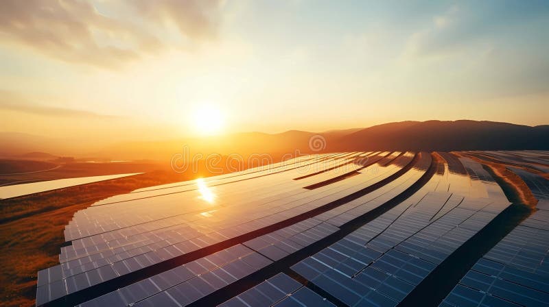 Solar Energy Panels on the Top of Mountain with Beautiful Sunset ...