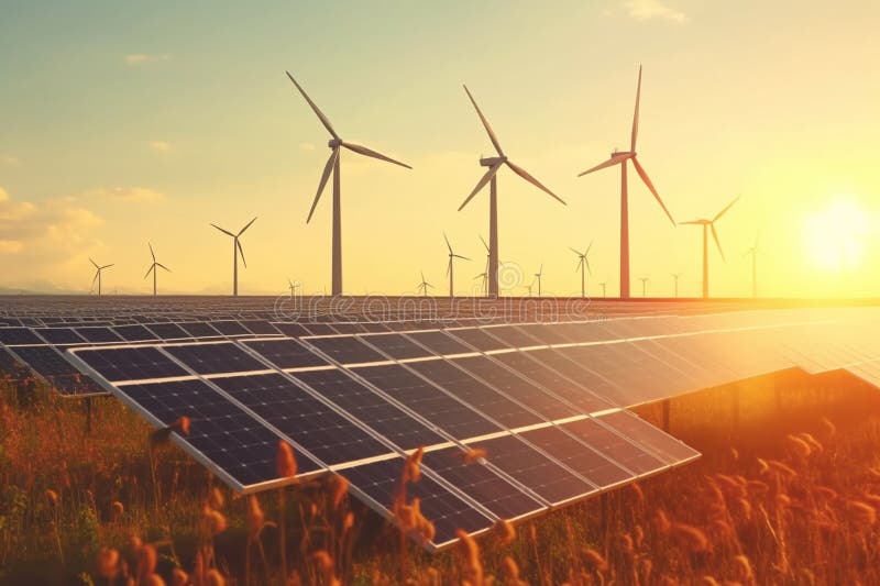 Solar Energy Panels and Wind Turbines at Sunset, Alternative Energy ...