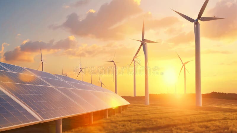 Solar Energy Panels And Wind Turbines At Sunset 3d Rendering Modern Wind Turbines And Solar