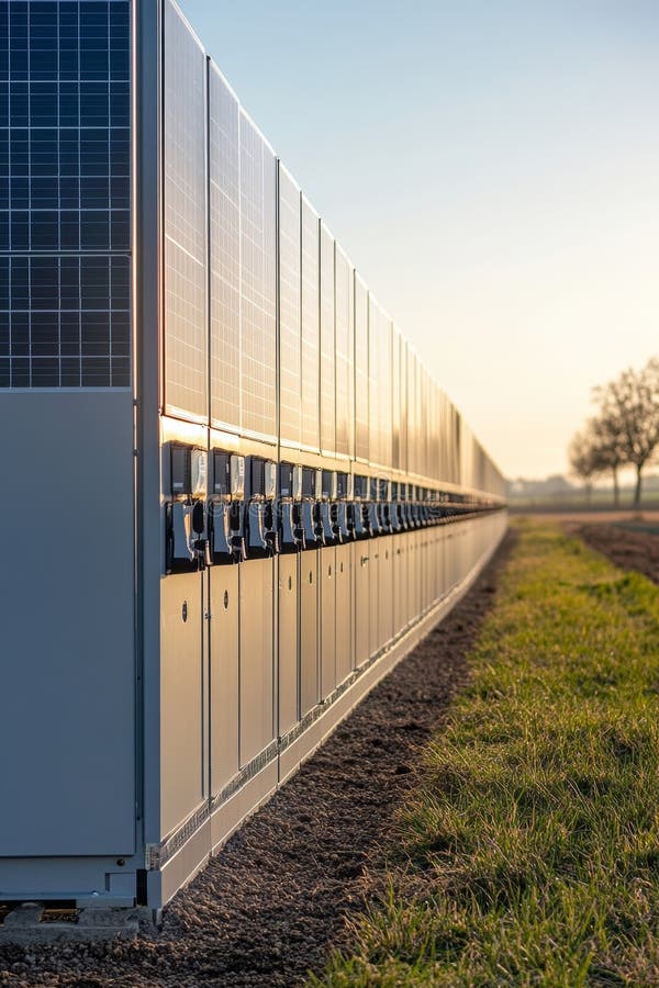 Solar Energy Storage Units Aligned in Rows Under Clear Blue Sky Stock ...