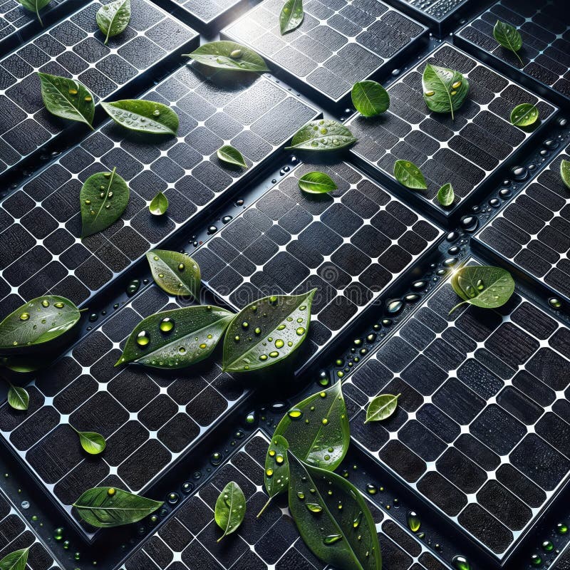 Wet Leaves on Solar Panels, Generative Ai Stock Illustration ...