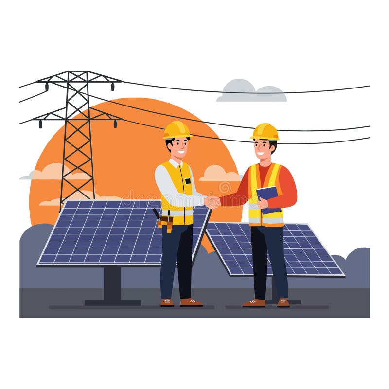 Solar Energy Workers Greeting Each Other in Flat Vector Illustration ...