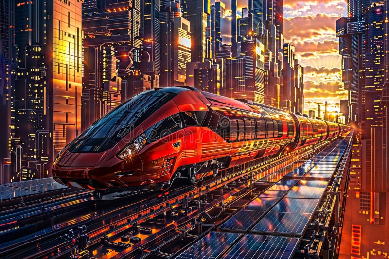 Solar-Enhanced Commute: Red Train among Skyscrapers, Generative Ai ...