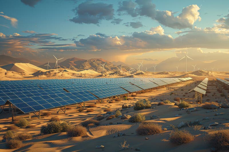 A Solar Farm with Many Solar Panels and Wind Turbines Stock Photo ...