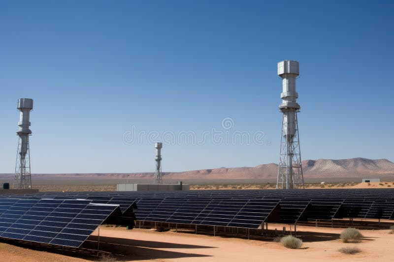 Solar Farm, with Panels and Tower in the Background Stock Photo - Image ...