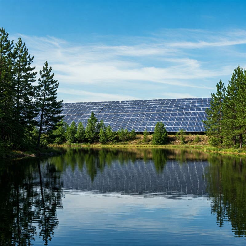 A Solar Farm beside a Reflective Lake Surrounded by Pine Trees Stock ...
