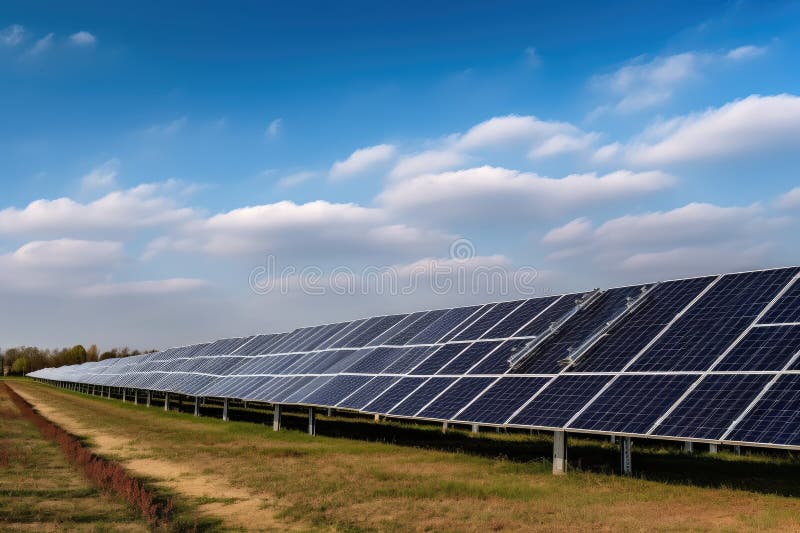 Solar Farm, with Rows of Solar Panels and Turbines in the Background ...