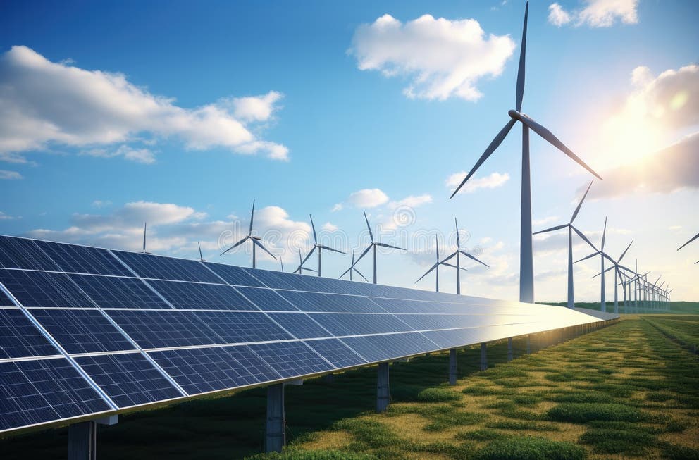 Solar Farm Setup with Windmills and Solar Panels Stock Illustration ...