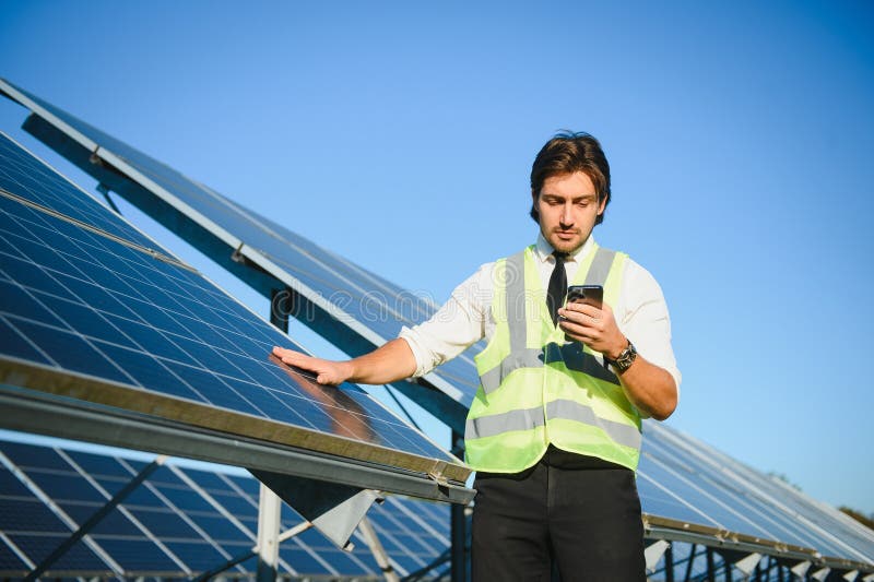 The Solar Farm, Solar Panel with Engineer Check the Operation of the ...