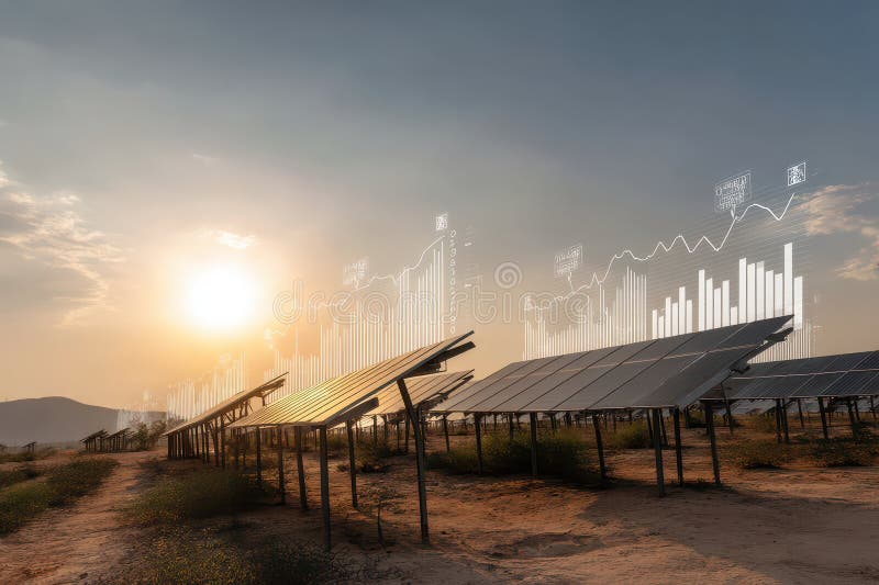 Solar Farm Stretching into Distance Under Sunlit Glow with Graphs and ...