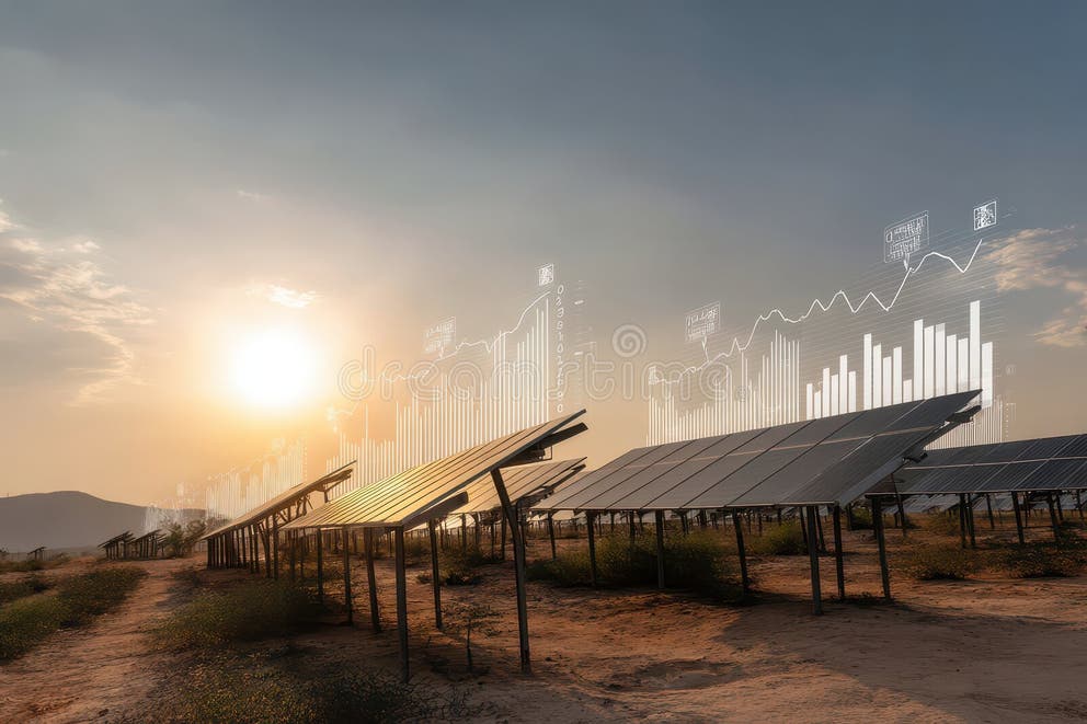 Solar Farm Stretching into Distance Under Sunlit Glow with Graphs and ...