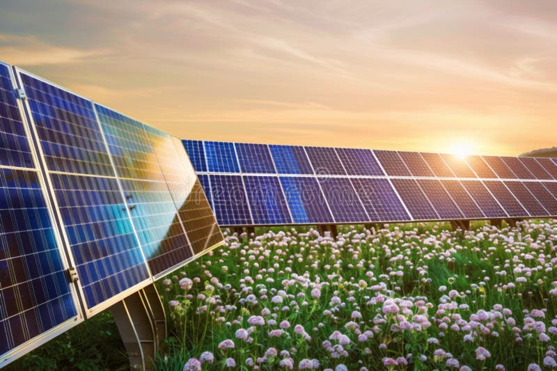 A Solar Farm at Sunset, with Panels Reflecting the Sun S Last Rays ...