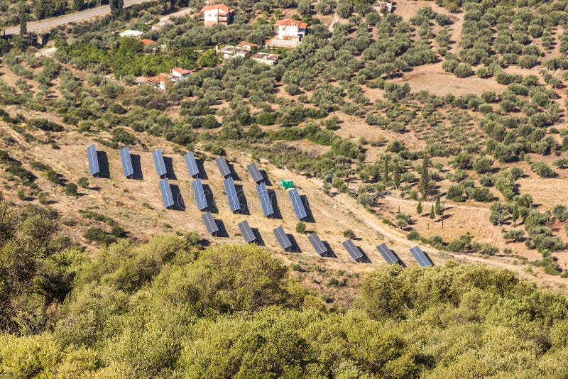Solar field on Greece. stock image. Image of clean, perspective - 62854983