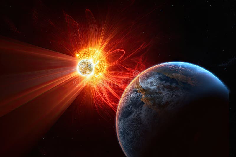 Solar Flare, with View of Earth and the Moon in the Background Stock ...