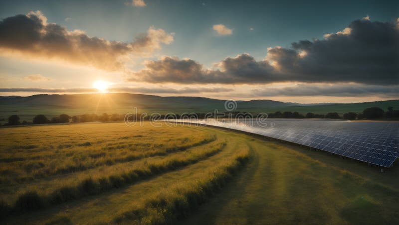 Solar Horizon: Panoramic Sunset Over the Sustainable Grid Stock ...