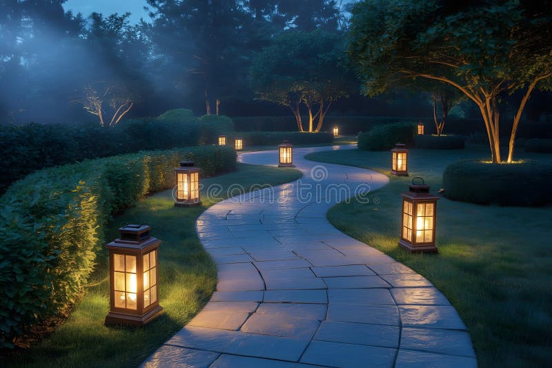 Solar lanterns in pathway stock illustration. Illustration of lantern ...