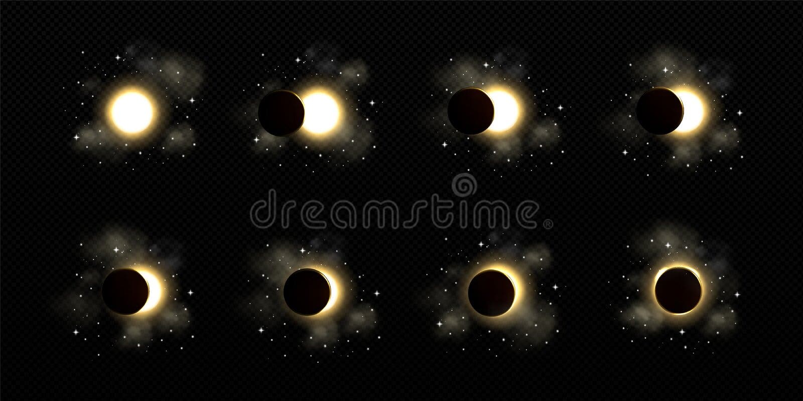 Sun and Moon in Solar Eclipse in Different Phases Stock Vector - Illustration of moon, astrology ...