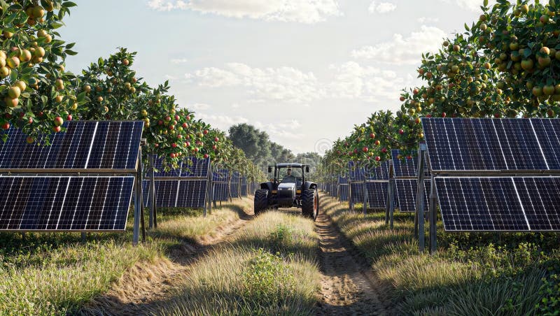 Tractor in Solar-Powered Fruit Orchard, Generative Ai Stock ...