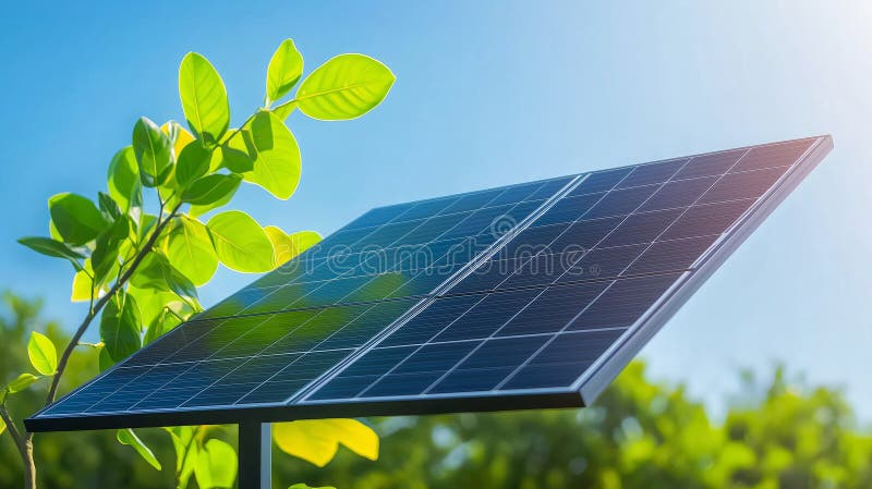 Solar Panel is Absorbing Sunlight with Green Leaves and Clear Blue Sky ...