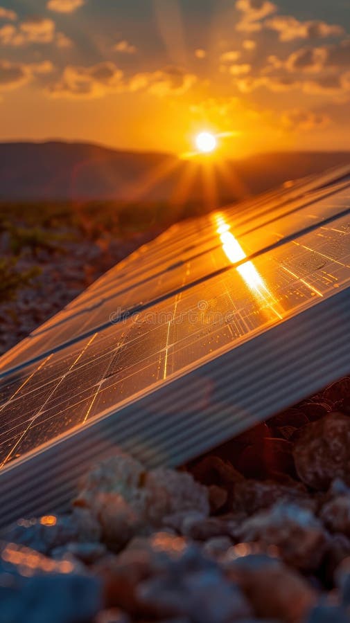 A Solar Panel Captures Sunset Light, Turning Sunlight into Electricity ...