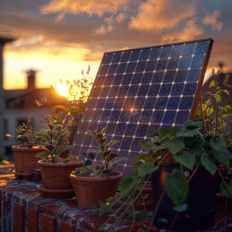 Solar Panel with Dramatic Sunset, Potted Plants, Rustic Surface, daily ...