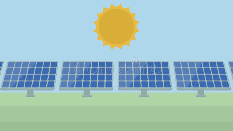Lots of Solar Panel Moving on Screen with Sky and Sun Background Behind ...