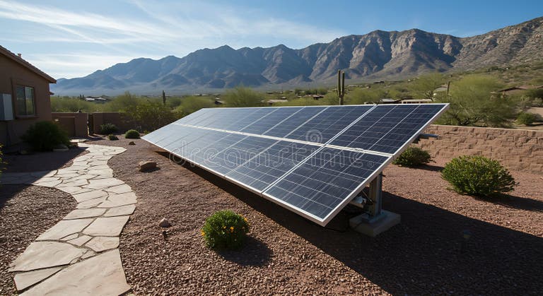 Solar Panel Array in Desert Landscape for Sustainable Energy Stock ...