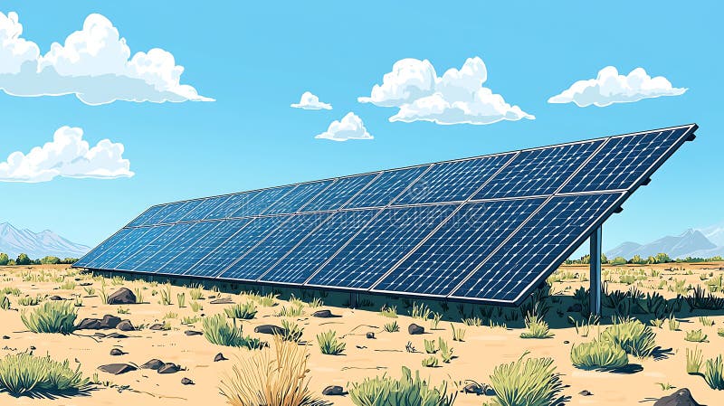 Solar Panel Array in Desert Landscape Stock Illustration - Illustration ...