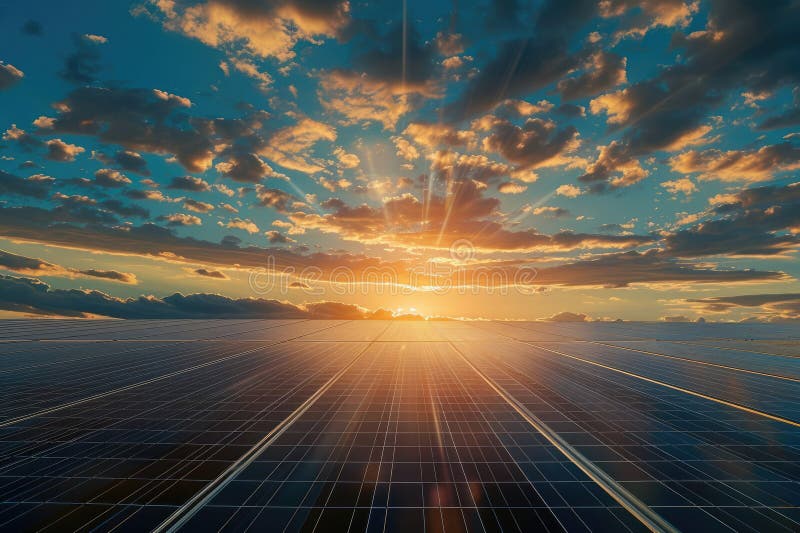 Solar Panel Array with Dramatic Sunset Sky Stock Image - Image of ...