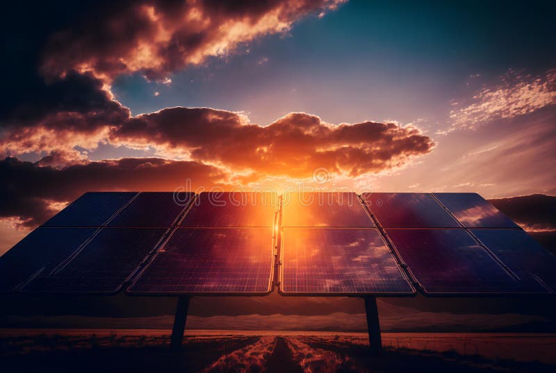 Solar Panel Array in the Early Morning, with the Sun Rising in the ...