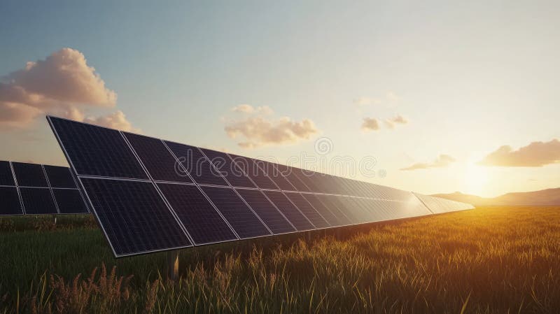 Solar Panel Array in a Field at Sunset. Clean Energy and Sustainability ...