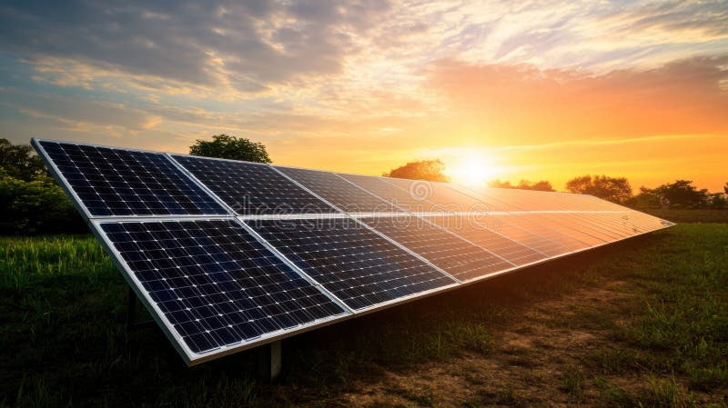 Solar Panel Array in Field at Sunset, Generating Renewable Energy for ...