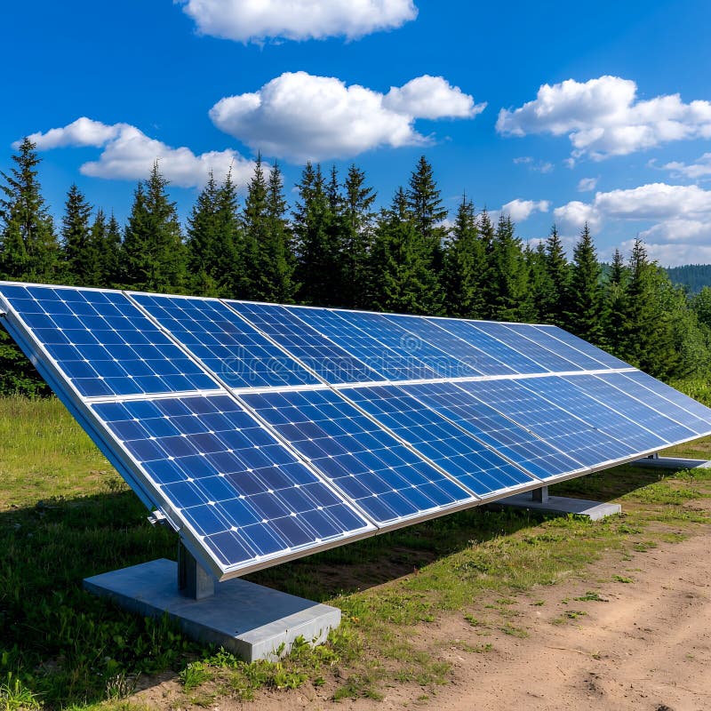 Solar Panel Array in Grassy Field Under Partly Cloudy Sky Stock ...