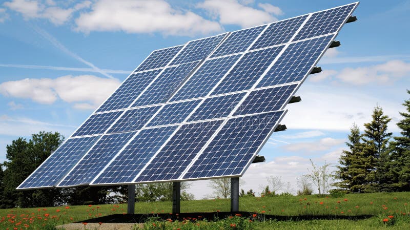 Solar Panel Array on Green Field Against Blue Sky and Clouds Stock ...