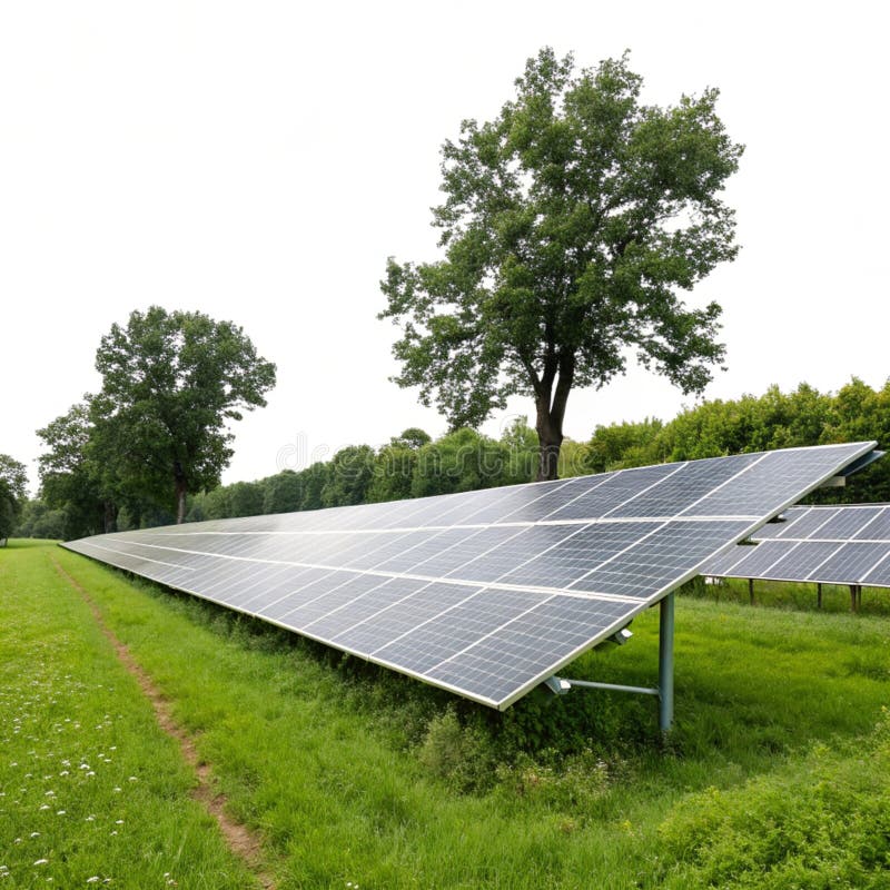 Solar Panel Array on Green Field with Trees on Transparent Background ...