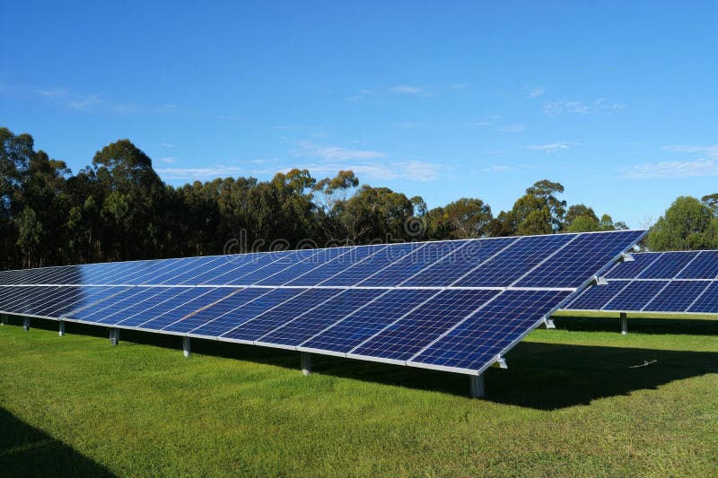 Solar Panel Array on Green Field Under Blue Sky Renewable Energy for ...