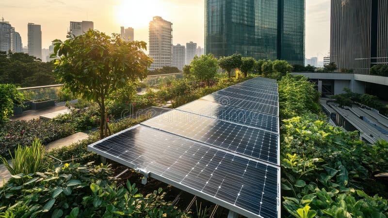A Solar Panel Array is Installed on a Roof of a Building in a City ...