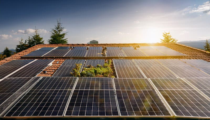 A Solar Panel Array is Installed on a Roof Stock Image - Image of clean ...