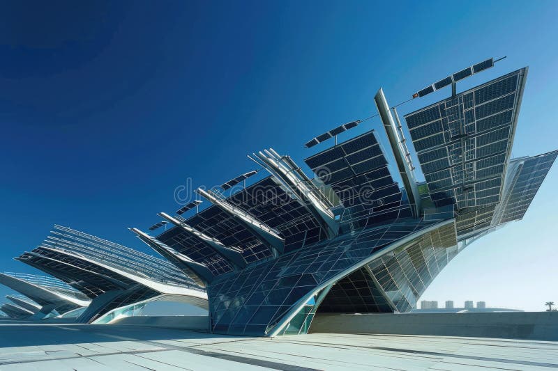 Solar Panel Array in Modern Architectural Design Under Clear Blue Sky ...